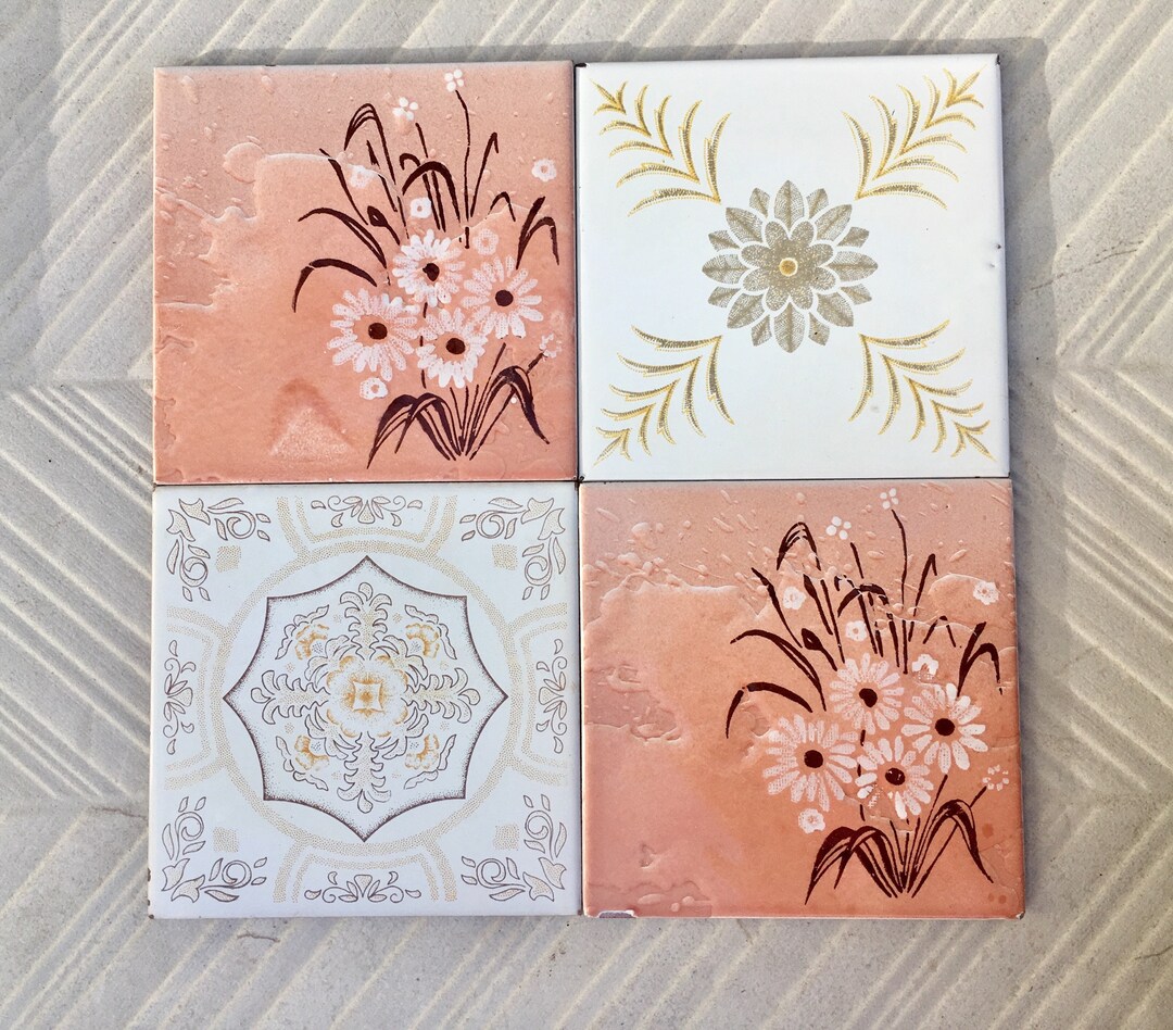 4 Spanish 70s Peach Pink Tiles. Vintage Floral Tile Mural. 60s, 70s ...