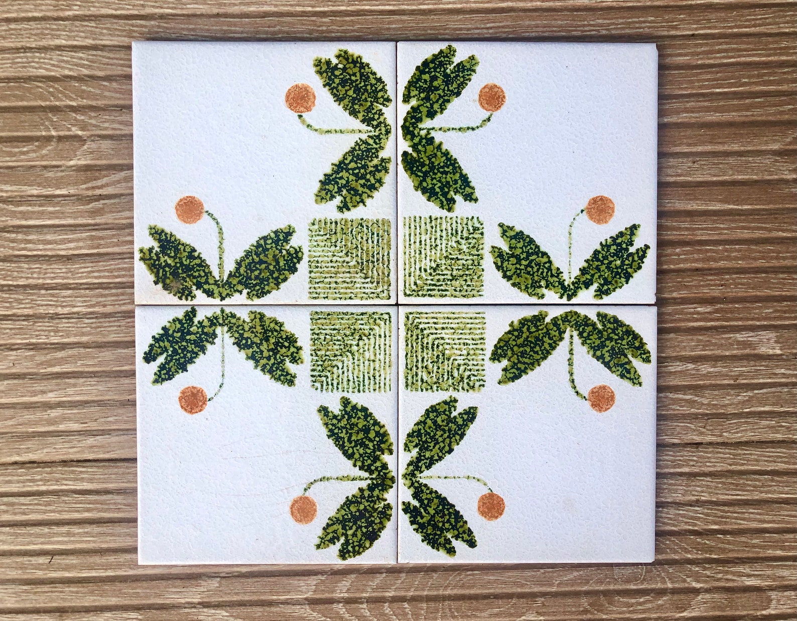 Vintage Tiles From Spain. 4 Tile Mural. 70s Geometric Fat Lava in Green ...