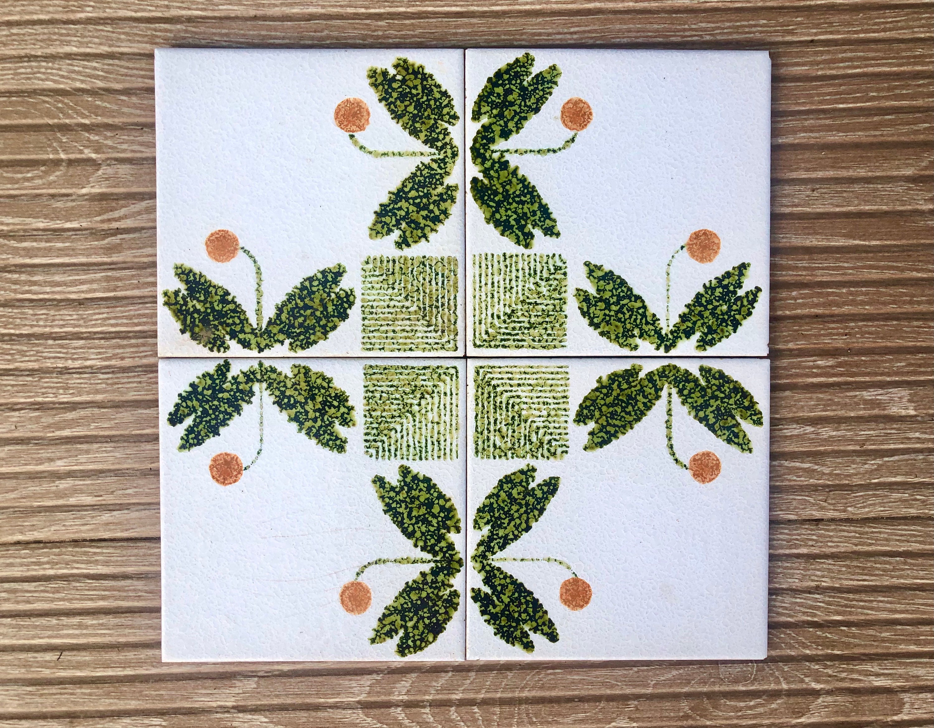 Vintage Tiles From Spain. 4 Tile Mural. 70s Geometric Fat Lava in Green ...