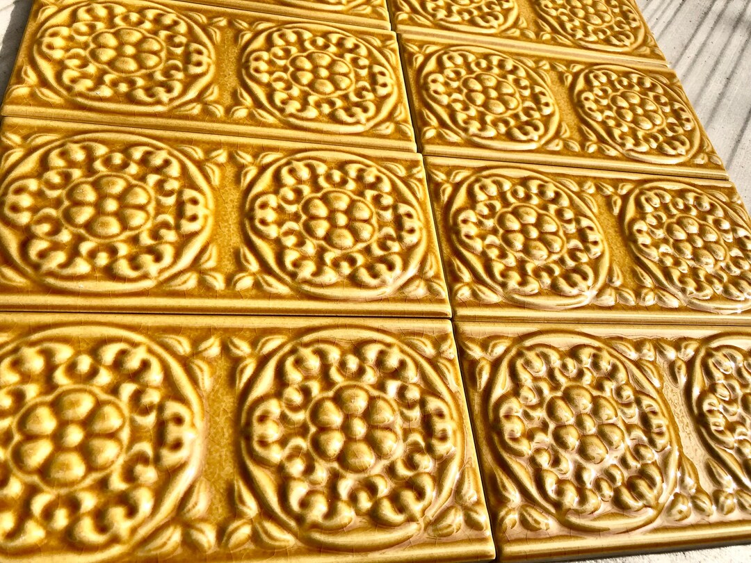 10 YELLOW Art Nouveau Style Tiles. Glossy Embossed Border Tiles ...