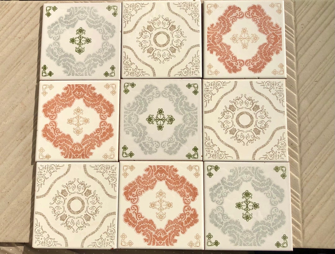 Spanish 60s 70s Pink Tiles. 9 Pc Set. Vintage UNUSED Mid Century Floral ...