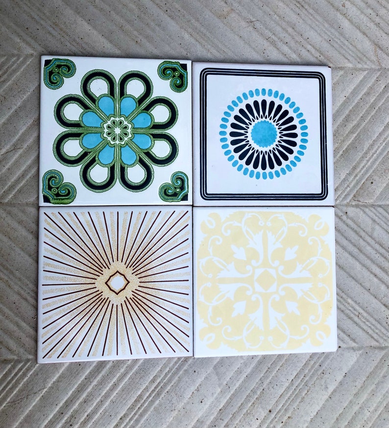 4 Groovy 60s 70s Original Geometric Decorative Tiles. Vintage Tile ...