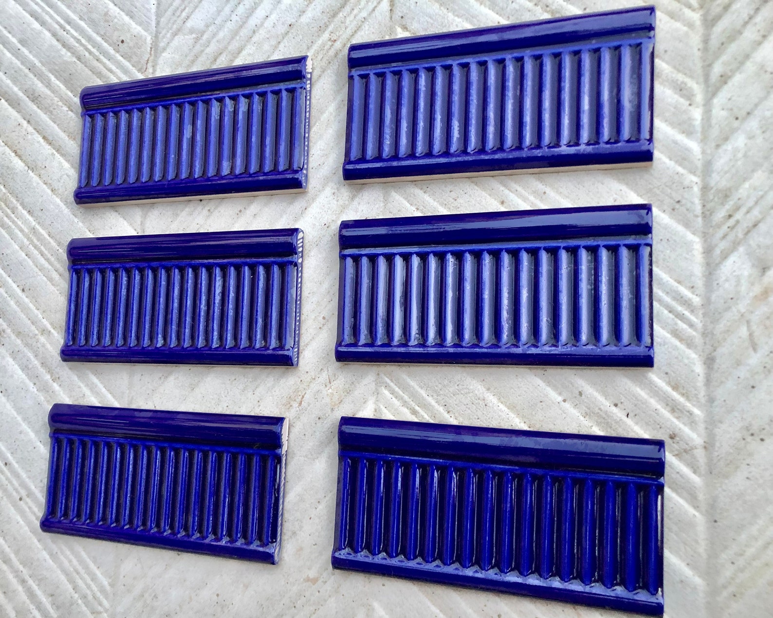 6 BLUE Art Nouveau Style Border Tiles. Glazed NEW Ceramic Embossed ...