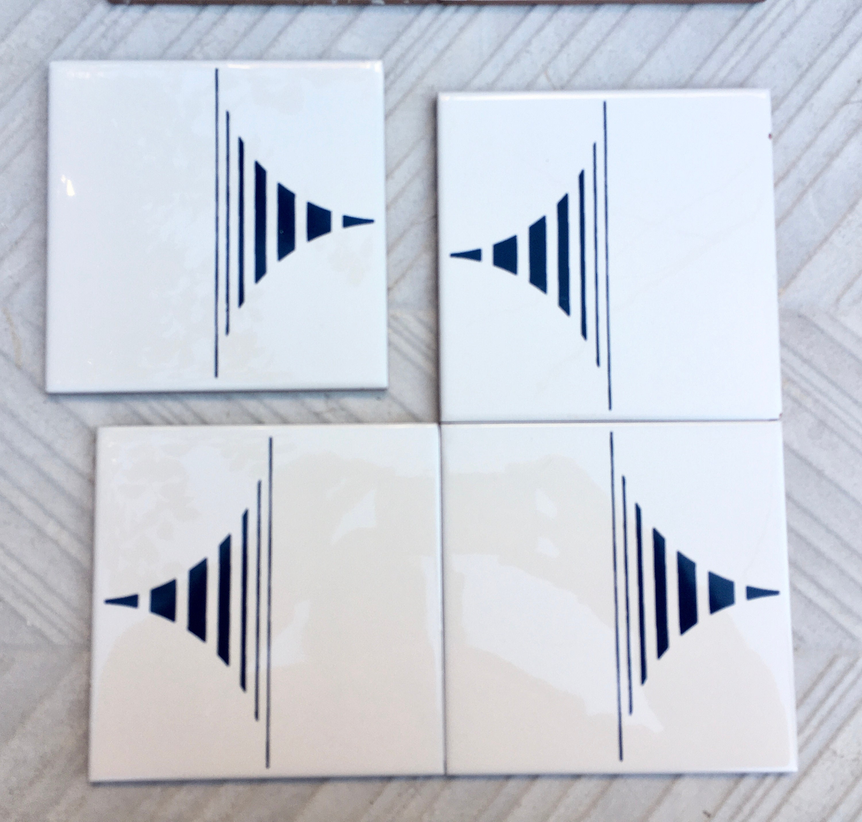 4 Vintage 70s Geometric Tiles. Blue and White, Optical Art Style Tiles ...