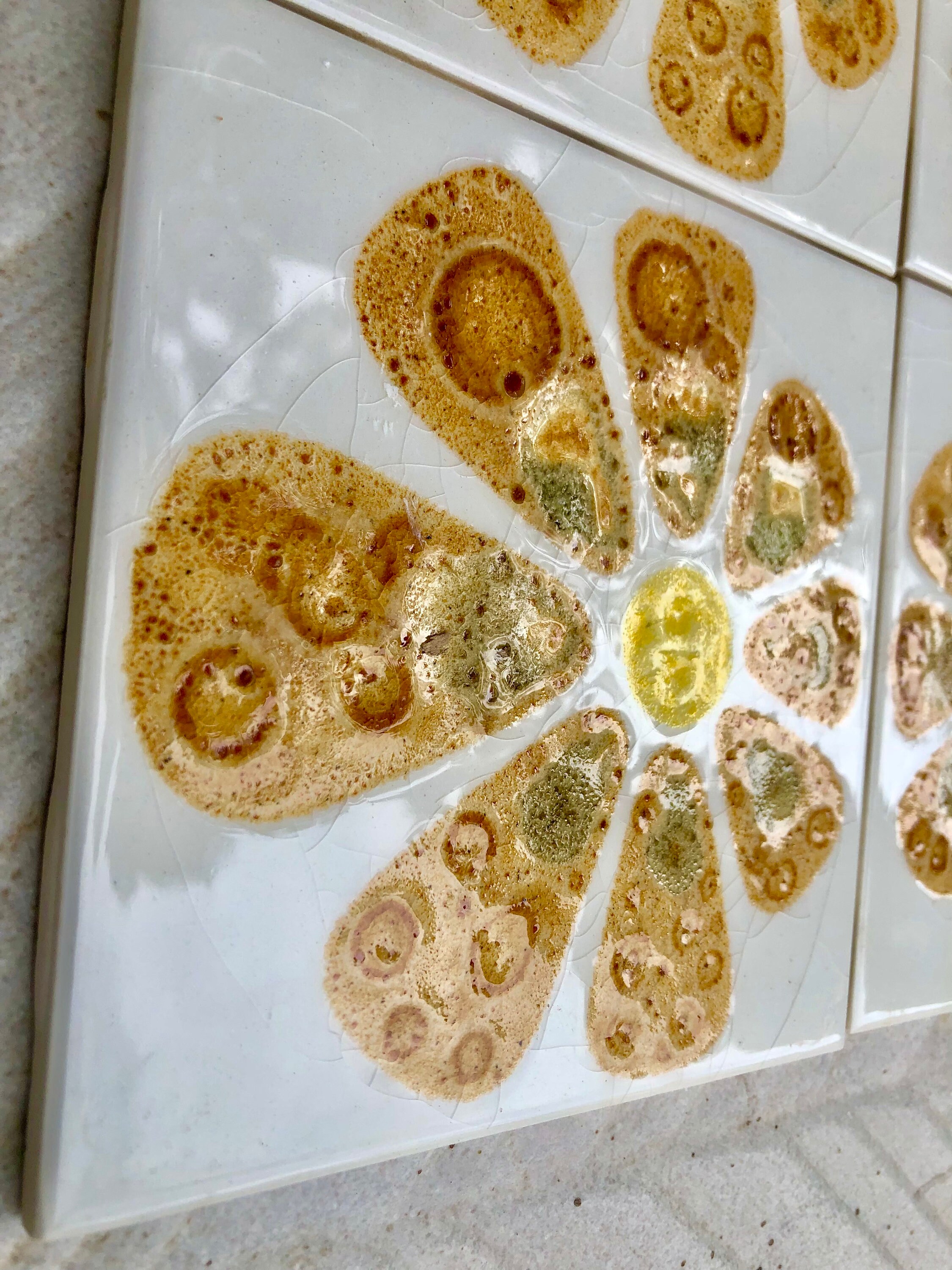 Vintage Ochre, Yellow, Orange Glazed Retro Tiles. UNUSED MCM Fat Lava Decorative Tile Mural. 4 ...