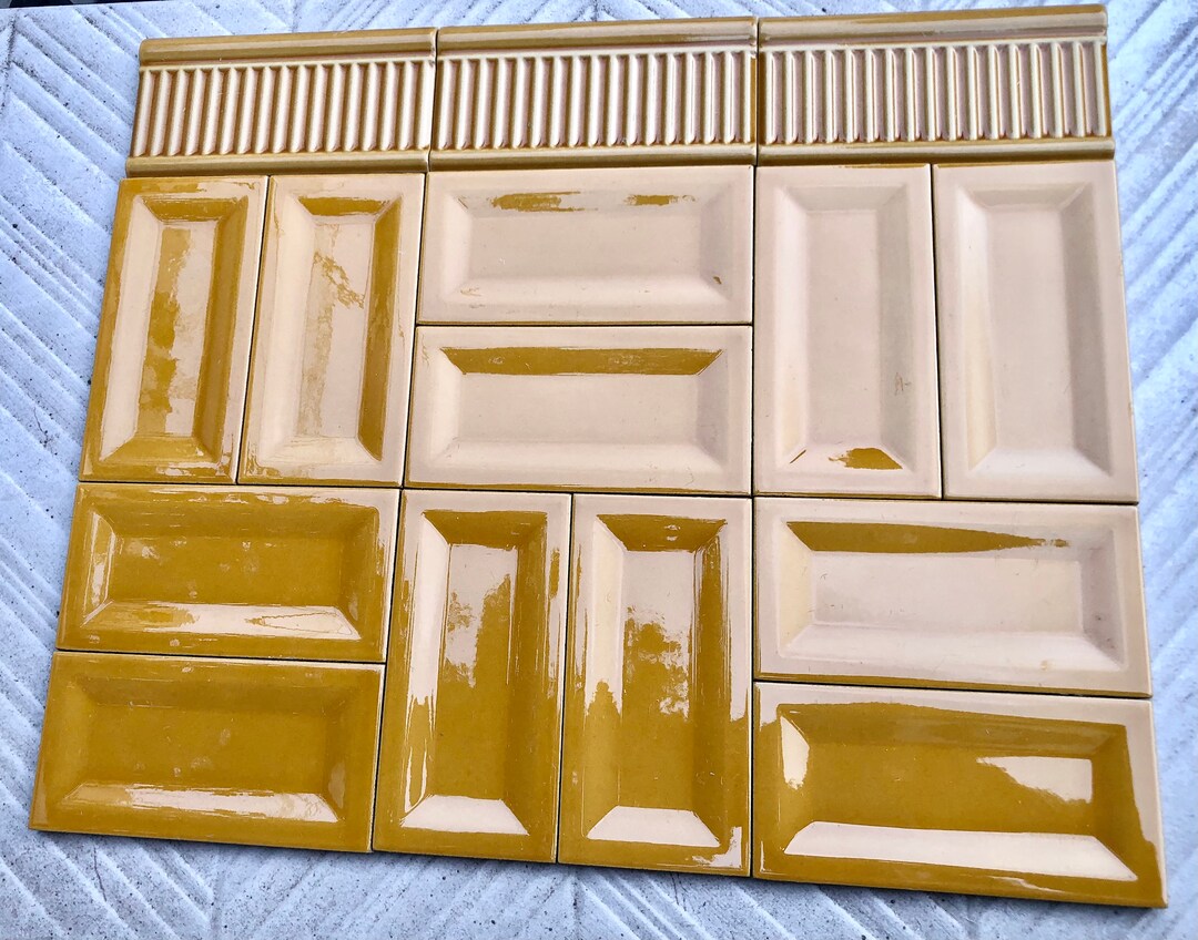 Art Nouveau Style Border Tile Set From Spain. 15 Yellow Glazed Vintage ...