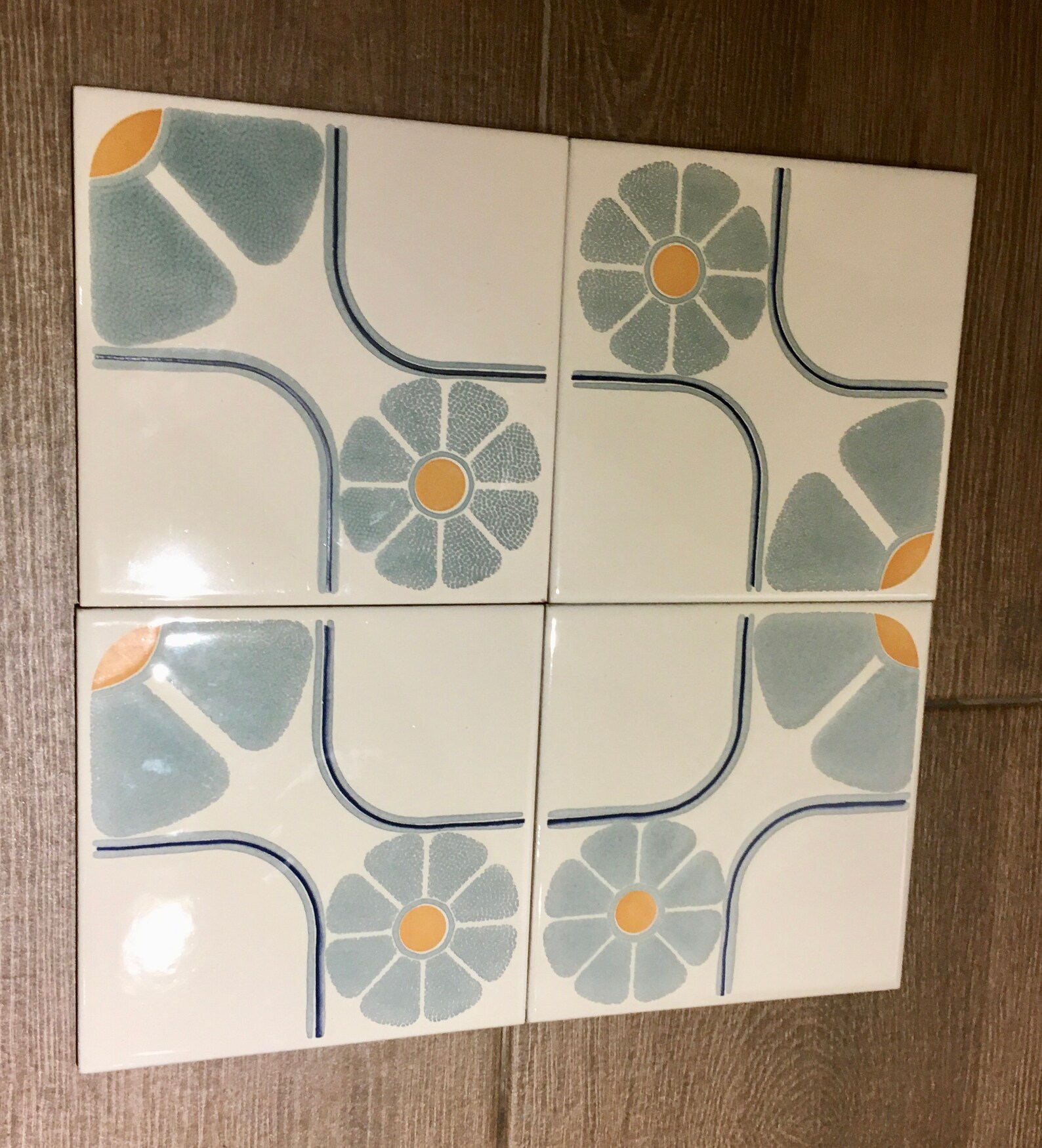 Vintage Tiles From Spain. 4 Tile Mural. 70s Flower Power in Blue and ...