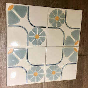 Vintage Tiles From Spain. 4 Tile Mural. 70s Flower Power in Blue and ...