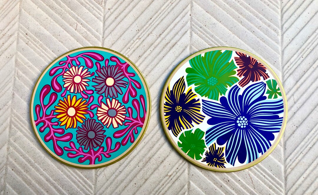 Spanish Vintage 70s Groovy Trivets. Flower Power Style Printed Metal on ...