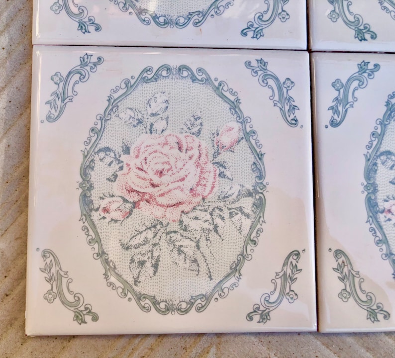70s PINK and GRAY Floral Tiles. Vintage Decorative Tiles. Pink Roses ...