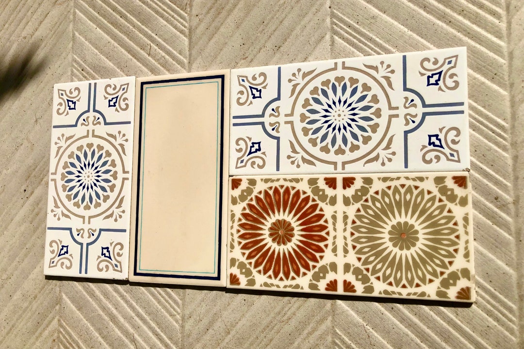 4 Spanish 60s 70s Blue, Brown + Cream Tiles. UNUSED Original Vintage ...