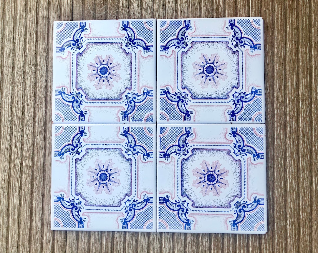 70s Blue, Pink Retro Tiles. Vintage Floral Original Decorative Tiles ...