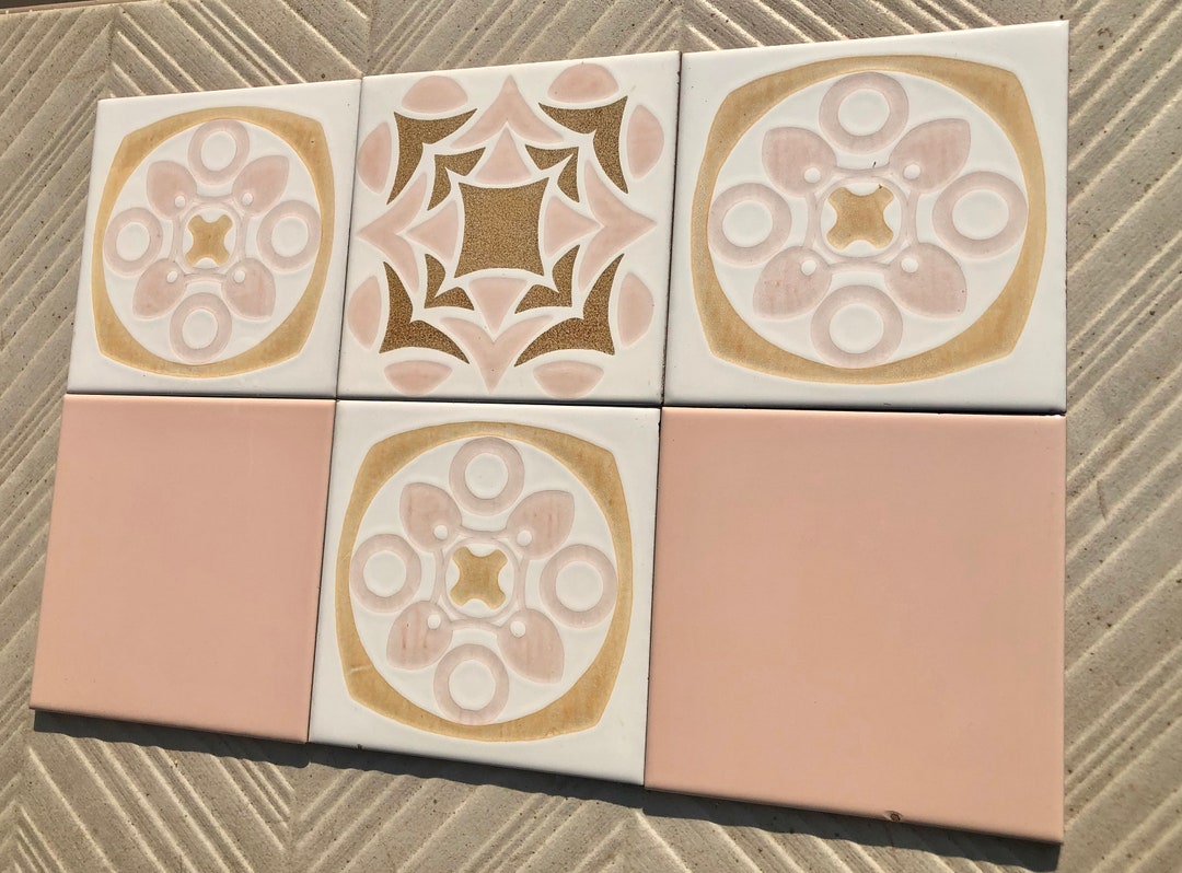 6 Spanish 70s Pink Tiles.vintage Geometric Tile Mural. 60s, 70s Decor ...
