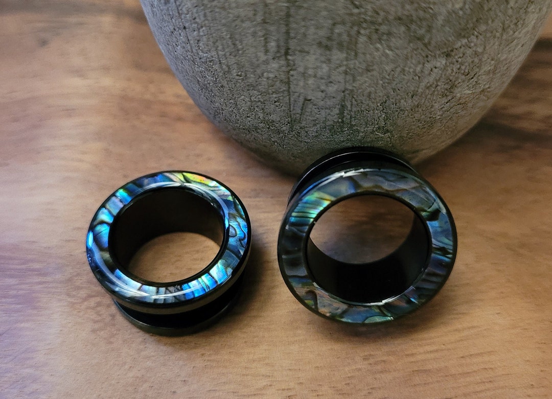 Pair Black Steel Abalone Shell Screw on off Back Steel Tunnels Ear ...