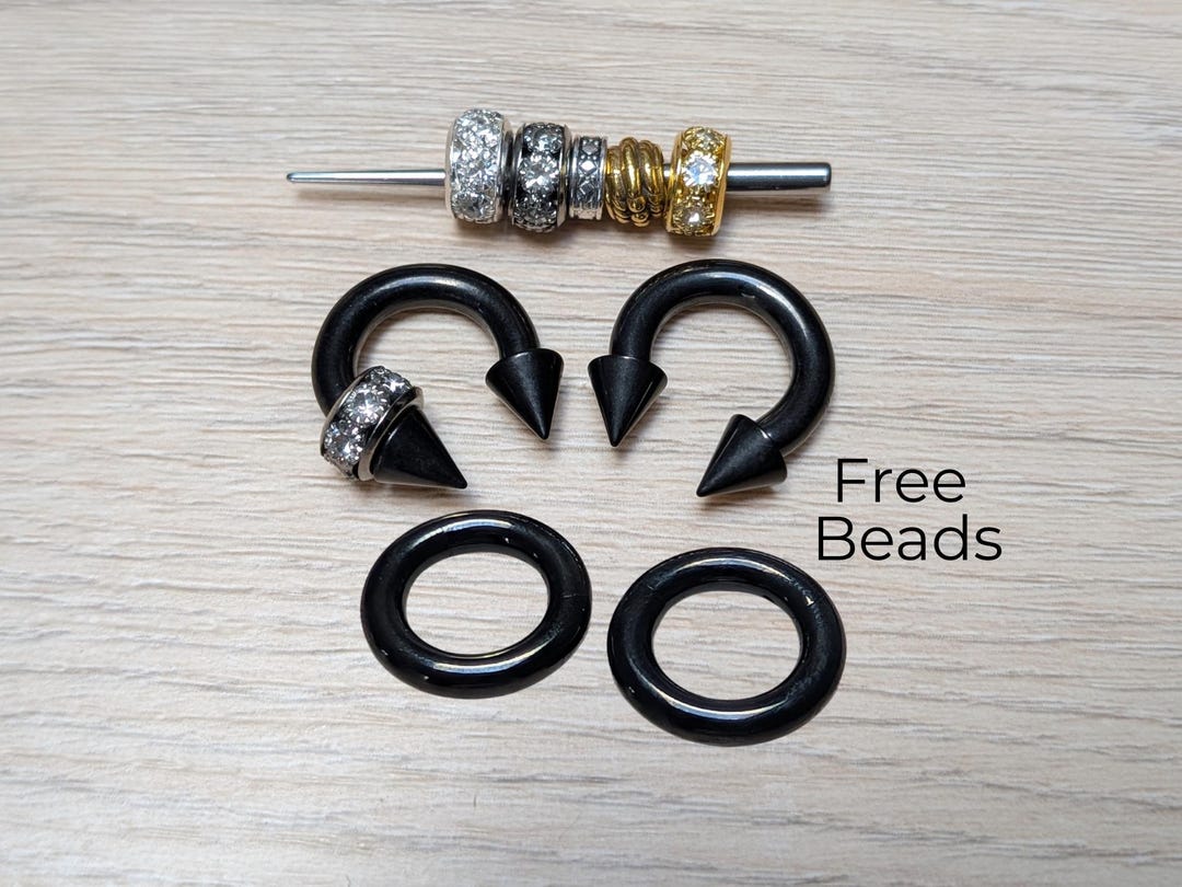 2 PAIR Black Gauges Spike Horseshoe Clicker Ring Plugs 2g 4g 6g 8g 10g ...