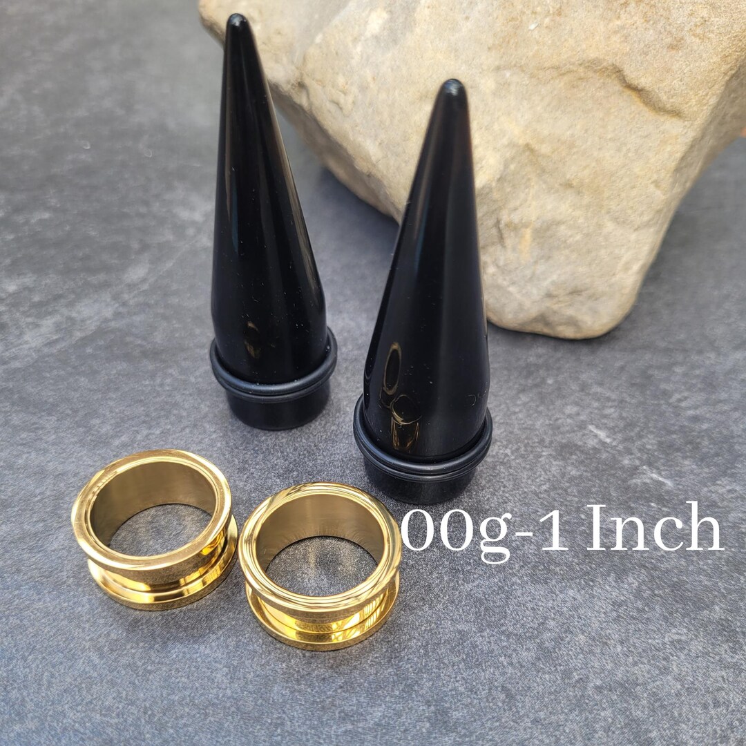 Pair Black Tapers and Gold Steel Screw on off Tunnels Ear Stretching ...