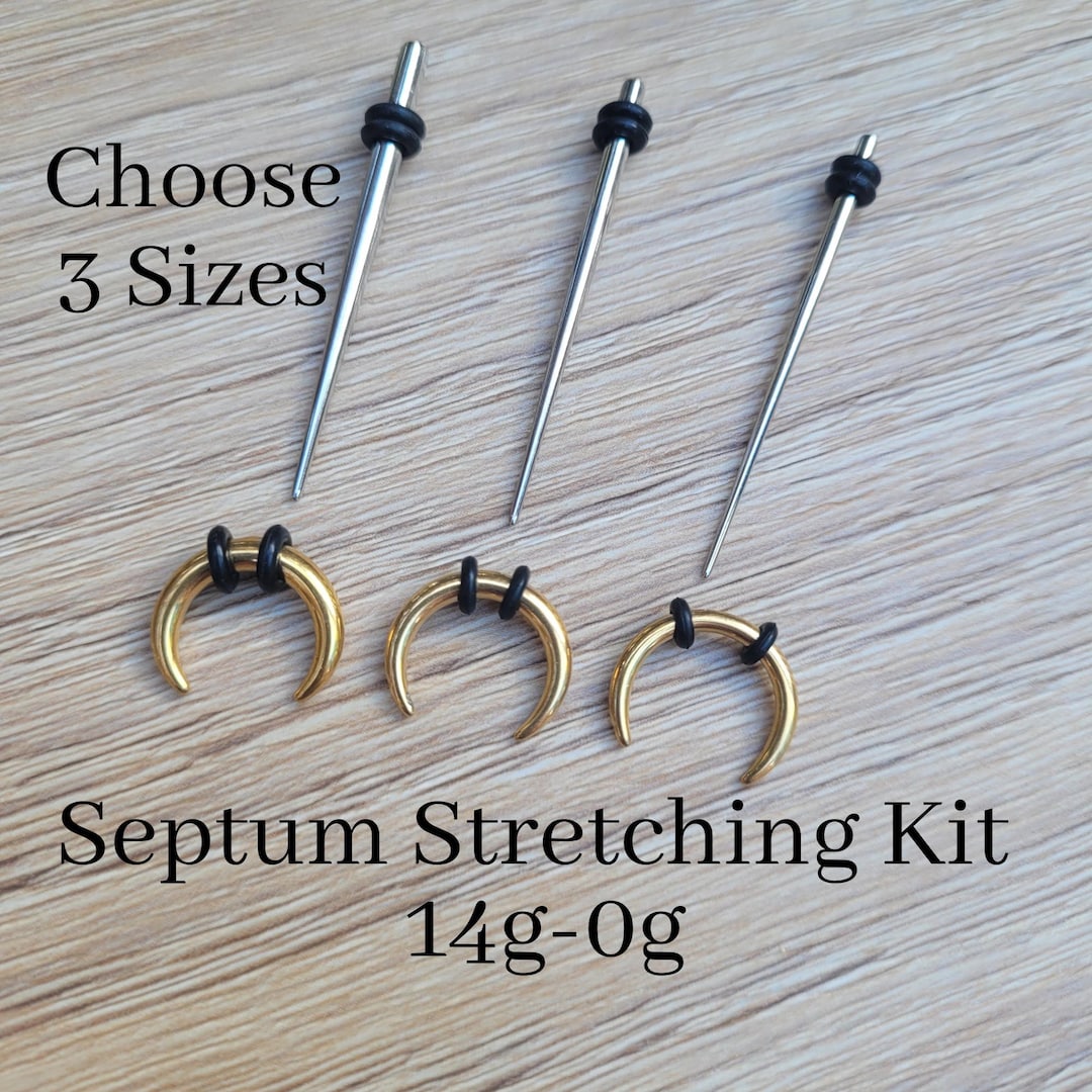 Gold Steel Septum Stretching Kit Choose 3 Sizes Pincher Taper Horseshoe ...