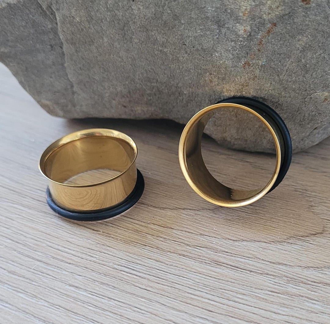 Pair Gold Single Flare Surgical Steel Tunnels Gauges Ear Stretching 2g ...