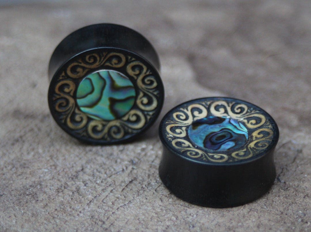 Pair 3/4 7/8 or 1 Inch Black Wood Organic Abalone Shell Plugs Gauge ...
