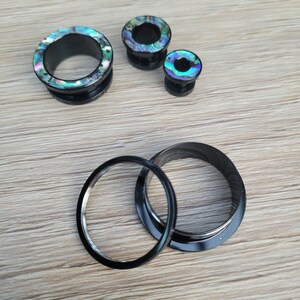 Pair Black Steel Abalone Shell Screw on off Back Steel Tunnels Ear ...
