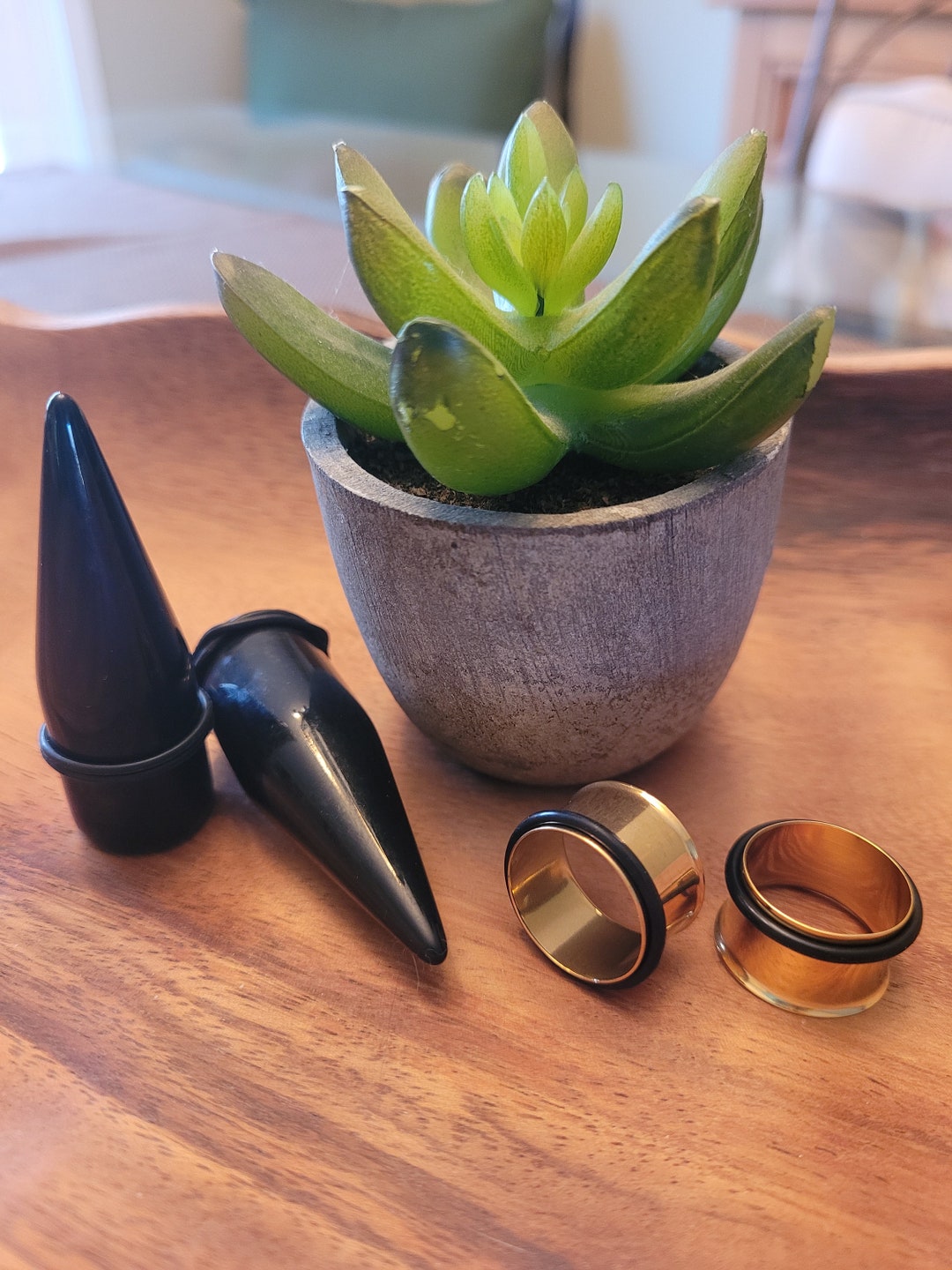 Pair Gold Tunnels and Black Tapers Ear Stretching Kit Gauges 1g 0g 00g ...