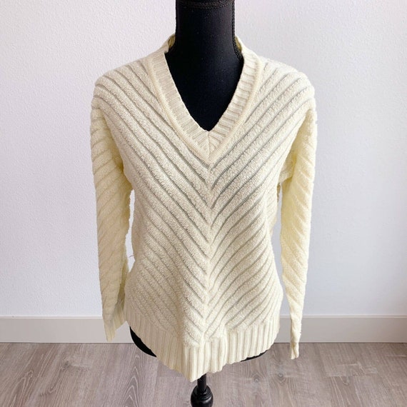 Vintage 60s 70s Stephanie Cream Off White Chevron Ope… - Gem