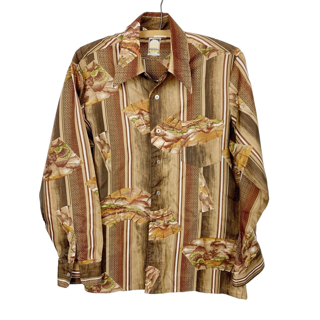 JP2 Bardon 70s Disco Polyester Mountain Long Sleeve Button Down Shirt M ...