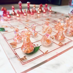 Custom Chess Set With Board Resin Complete 32 Pieces Pink Crystals Rose ...