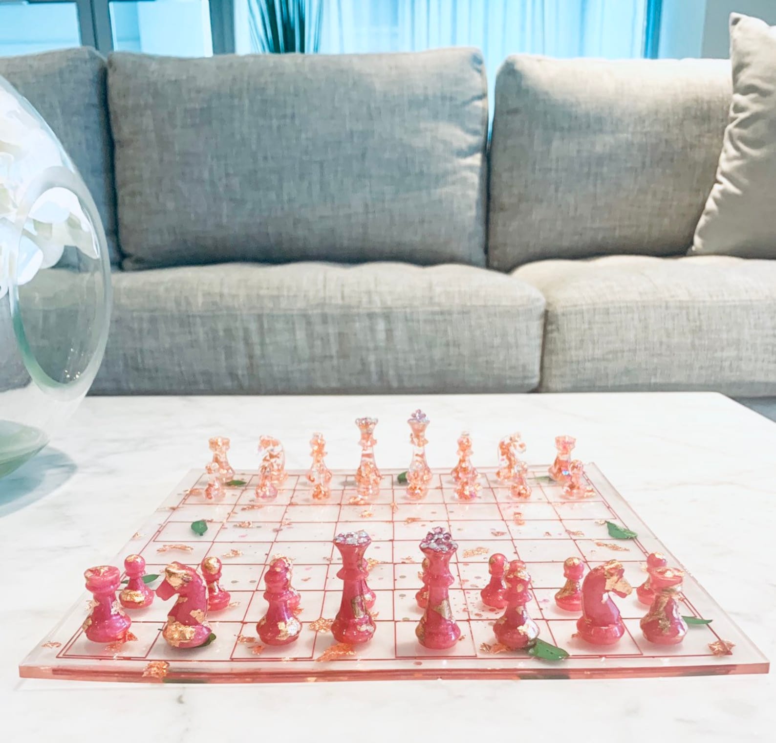 Custom Chess Set With Board Resin Complete 32 Pieces Pink - Etsy