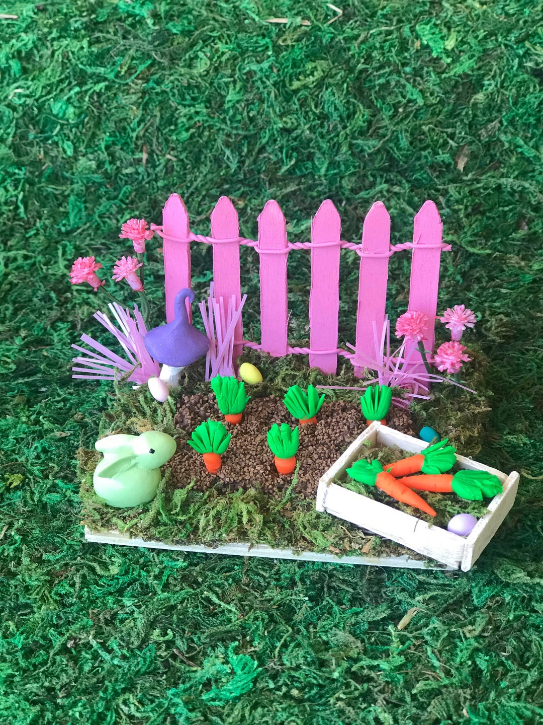 Handmade Easter Fairy Garden: Miniature Bunny, Carrots & Eggs - Etsy