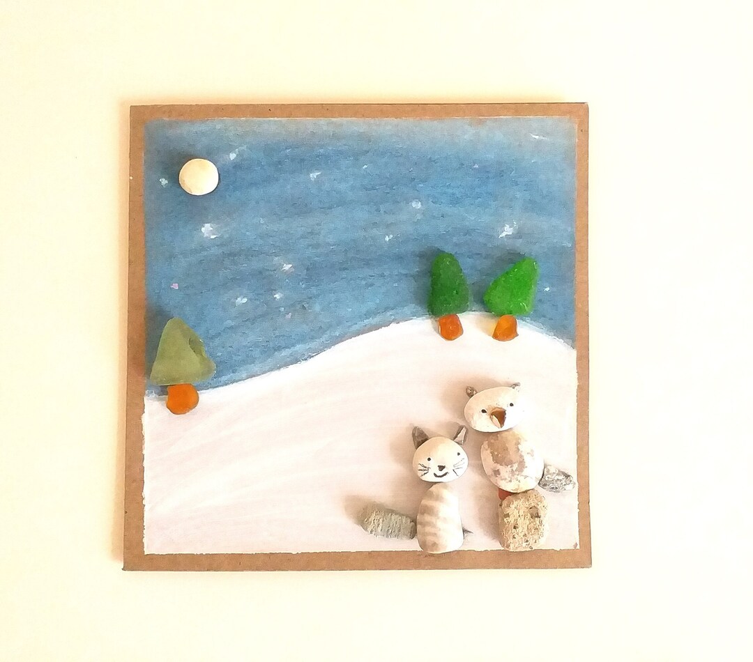 Night Owl and Cat in Snow Hand-made Sea Glass Christmas Card - Etsy
