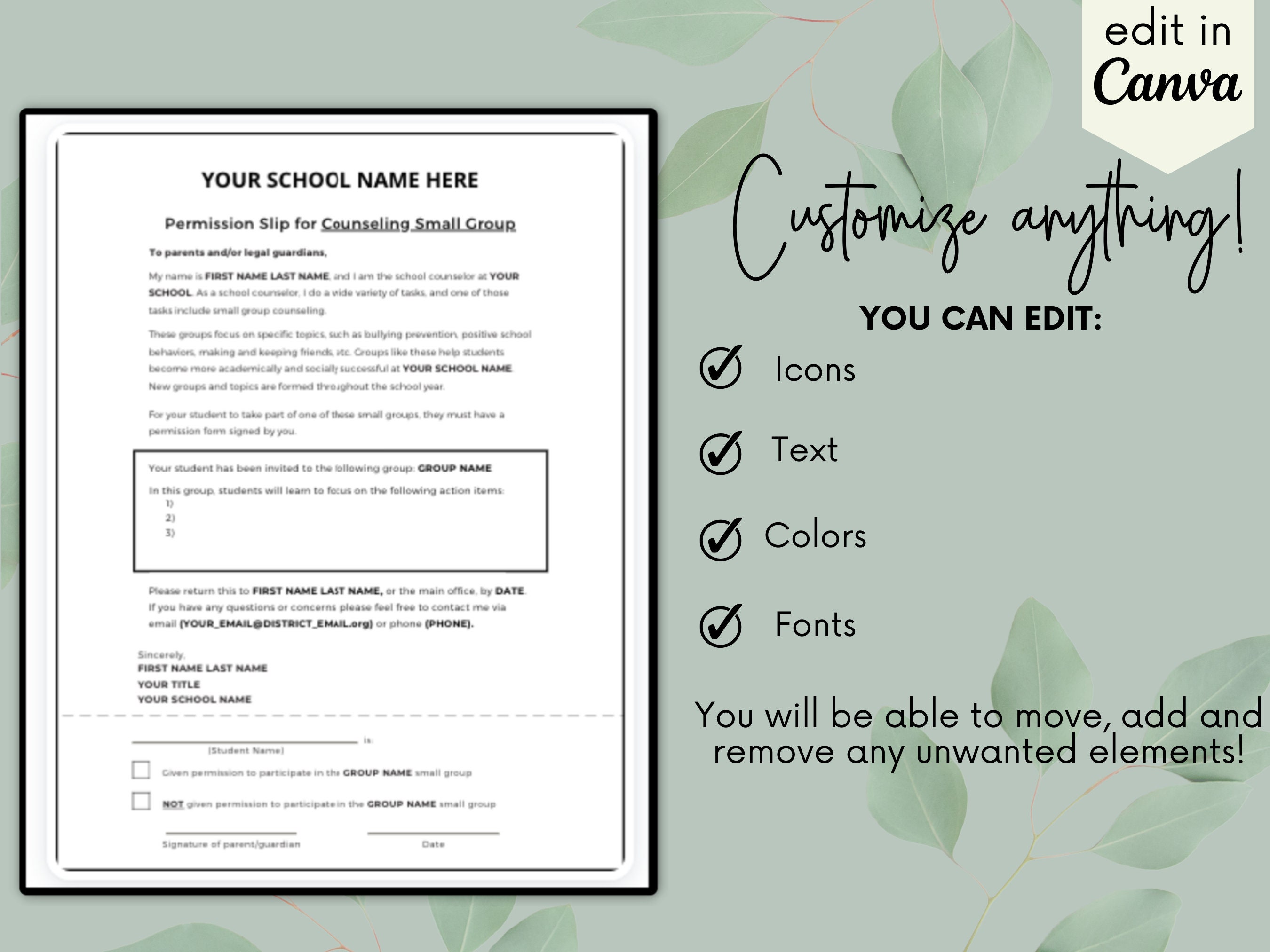PRINTABLE Counseling Small Group Permission Slips/forms TEN Canva ...