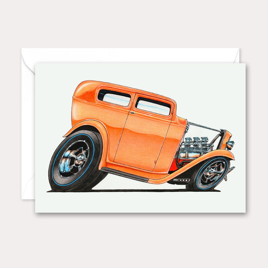 Classic American Street Rod Car Card A Hand Drawn Illustration Printed ...