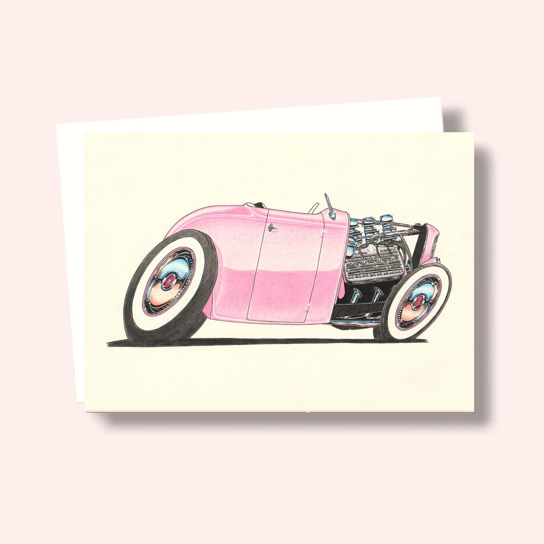 Hot Rod Art Card Greeting Card Ford Roadster Car Pink Hot - Etsy