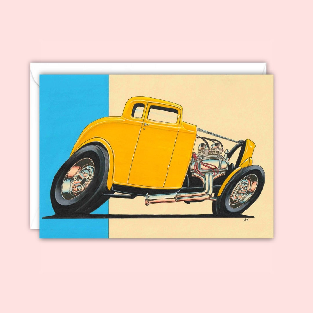 Yellow Hot Rod Greeting Card Original Car Art Card All Occasions Card ...