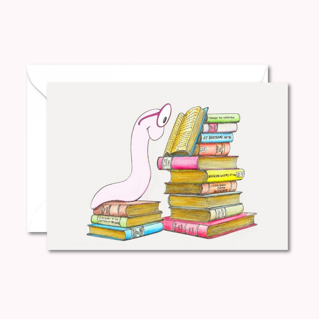 Cute Bookworm Card Hand Drawn Cartoon Illustration for a Book Lover's ...