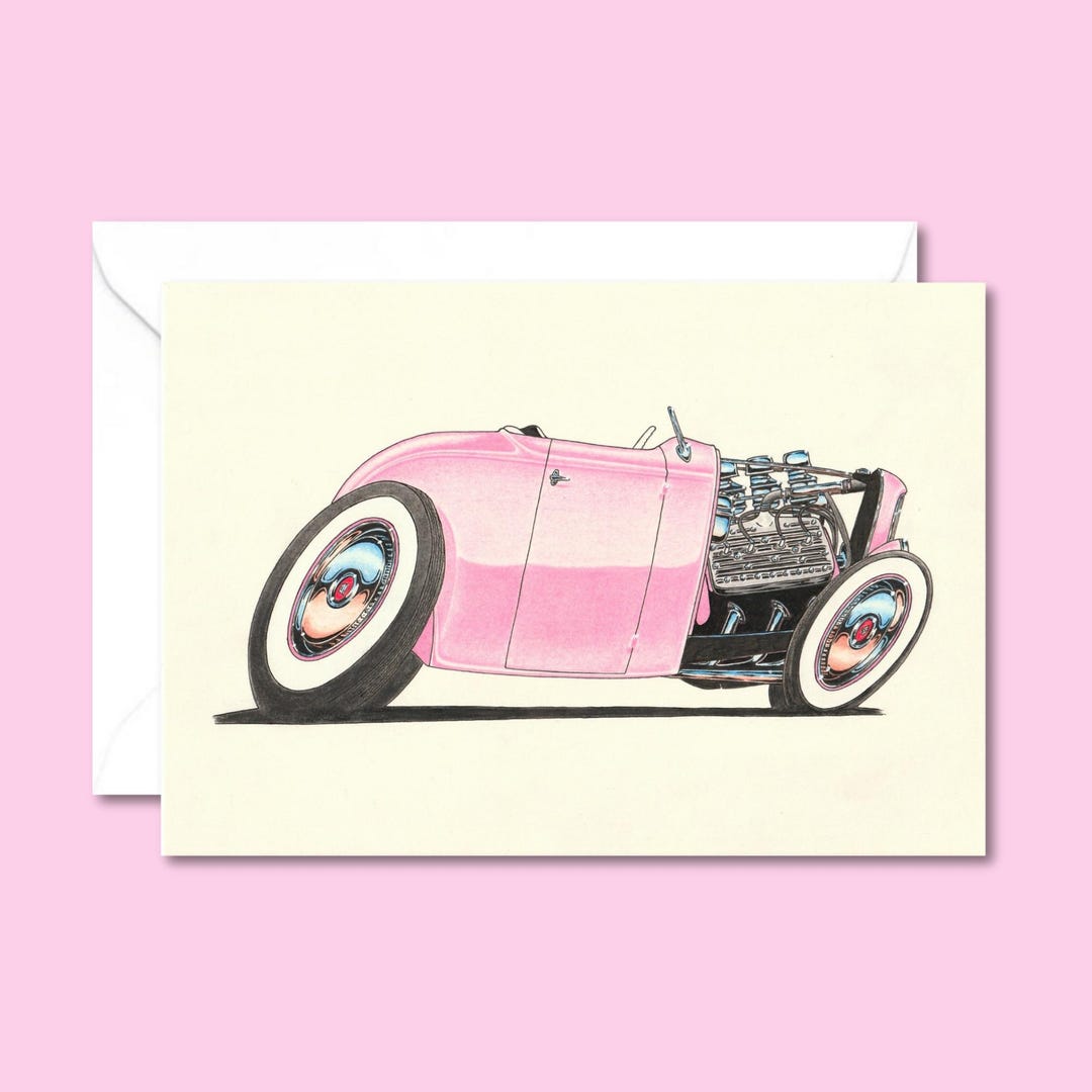 Hot Rod Card Tropical Pink Custom Car Birthday Card American Car Art ...