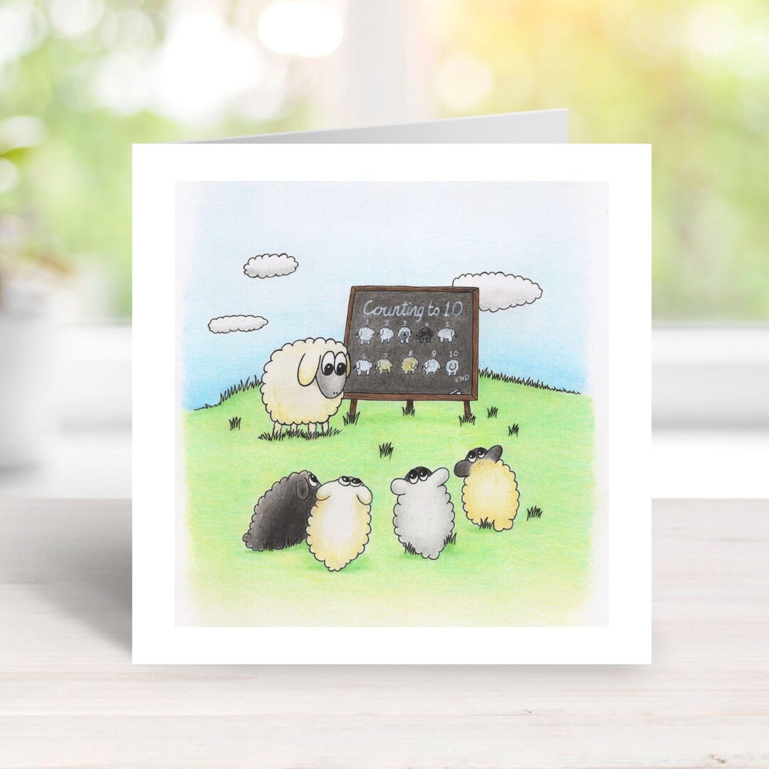 Counting Sheep Card - Hand Drawn Cute Lambs Illustration - Greeting ...