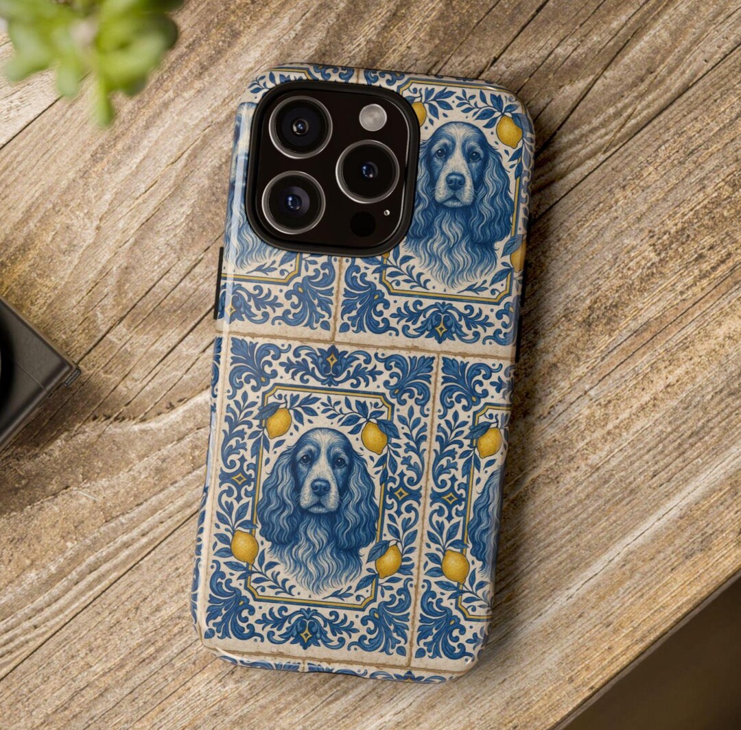 Cocker Spaniel Vintage Tile Style Blue White Colors, Mediterranean ...
