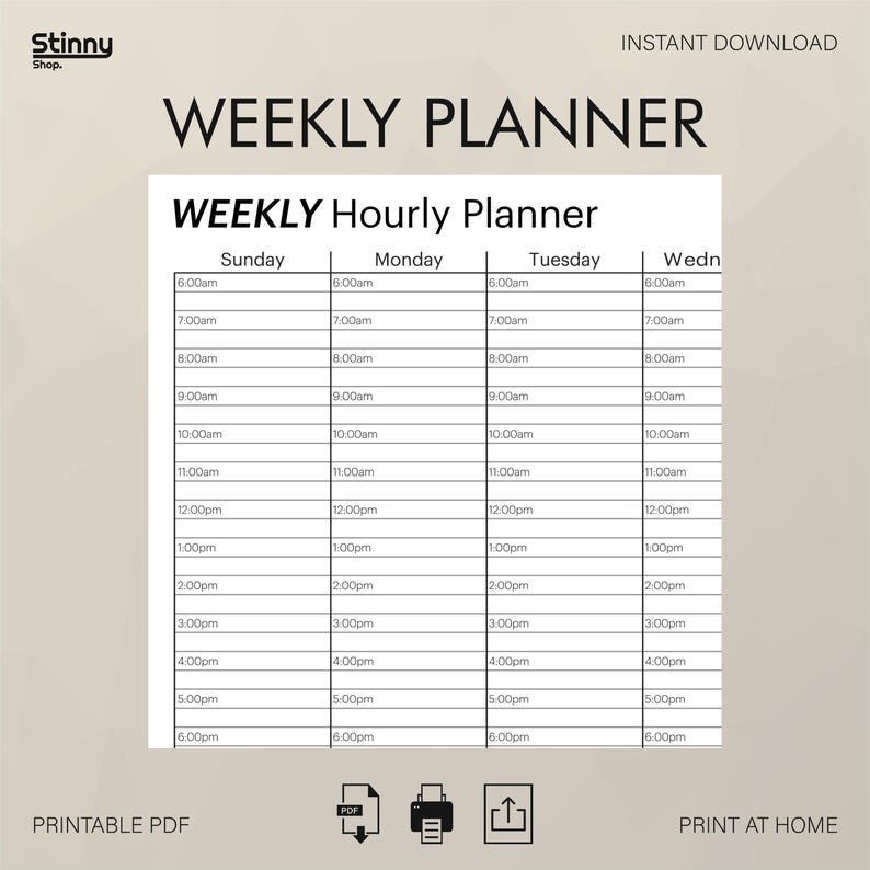 Weekly Hourly Planner Printable Template, Fillable PDF Page, Weekly ...