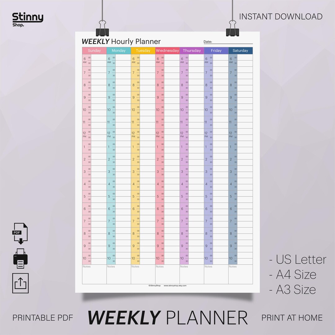 Weekly Hourly Planner Printable Template, Fillable PDF Page, Weekly ...