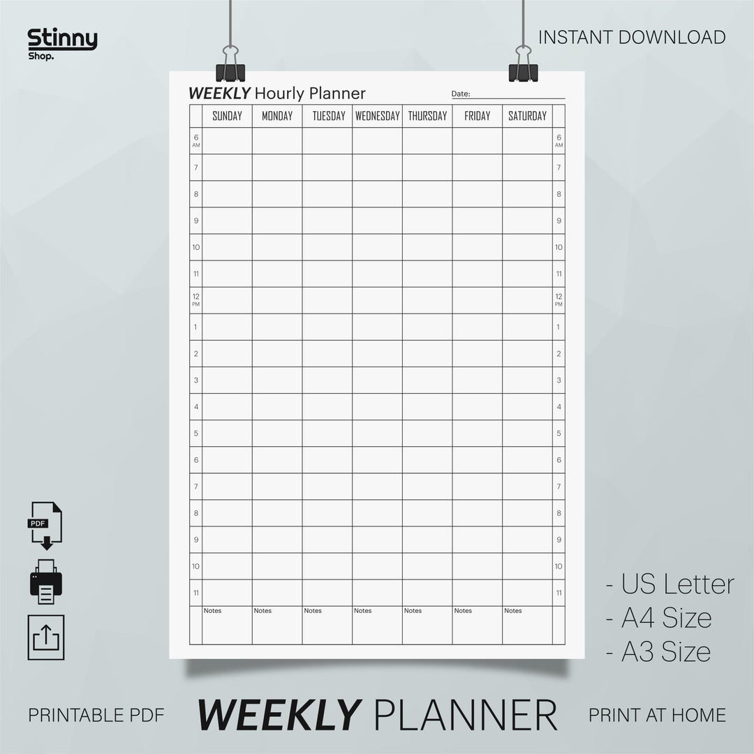 Weekly Hourly Planner Printable Template, Fillable PDF Page, Weekly ...
