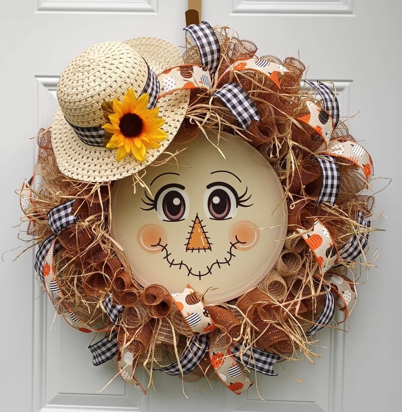 Scarecrow Face Wreath Fall Scarecrow Wreath Whimsical - Etsy