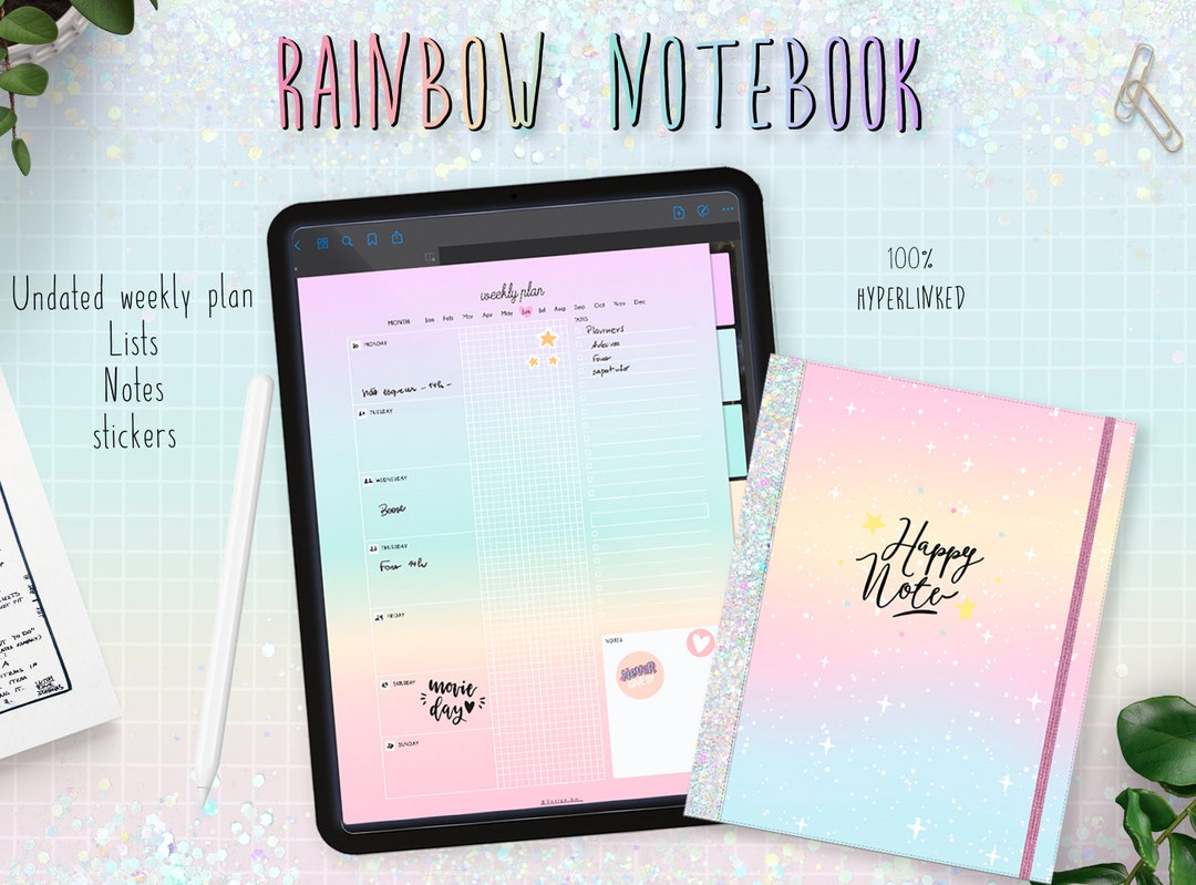 Pastel Rainbow Digital Notebook With Hyperlinked Tabs, Digital Bullet ...