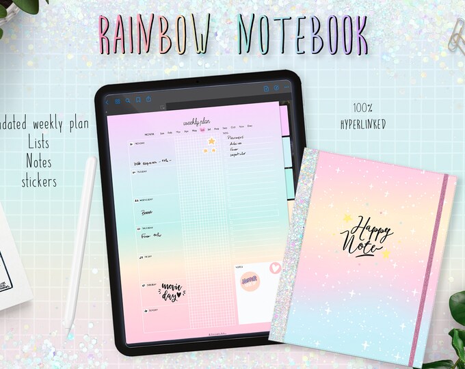 Pastel Rainbow Digital Notebook With Hyperlinked Tabs, Digital Bullet ...