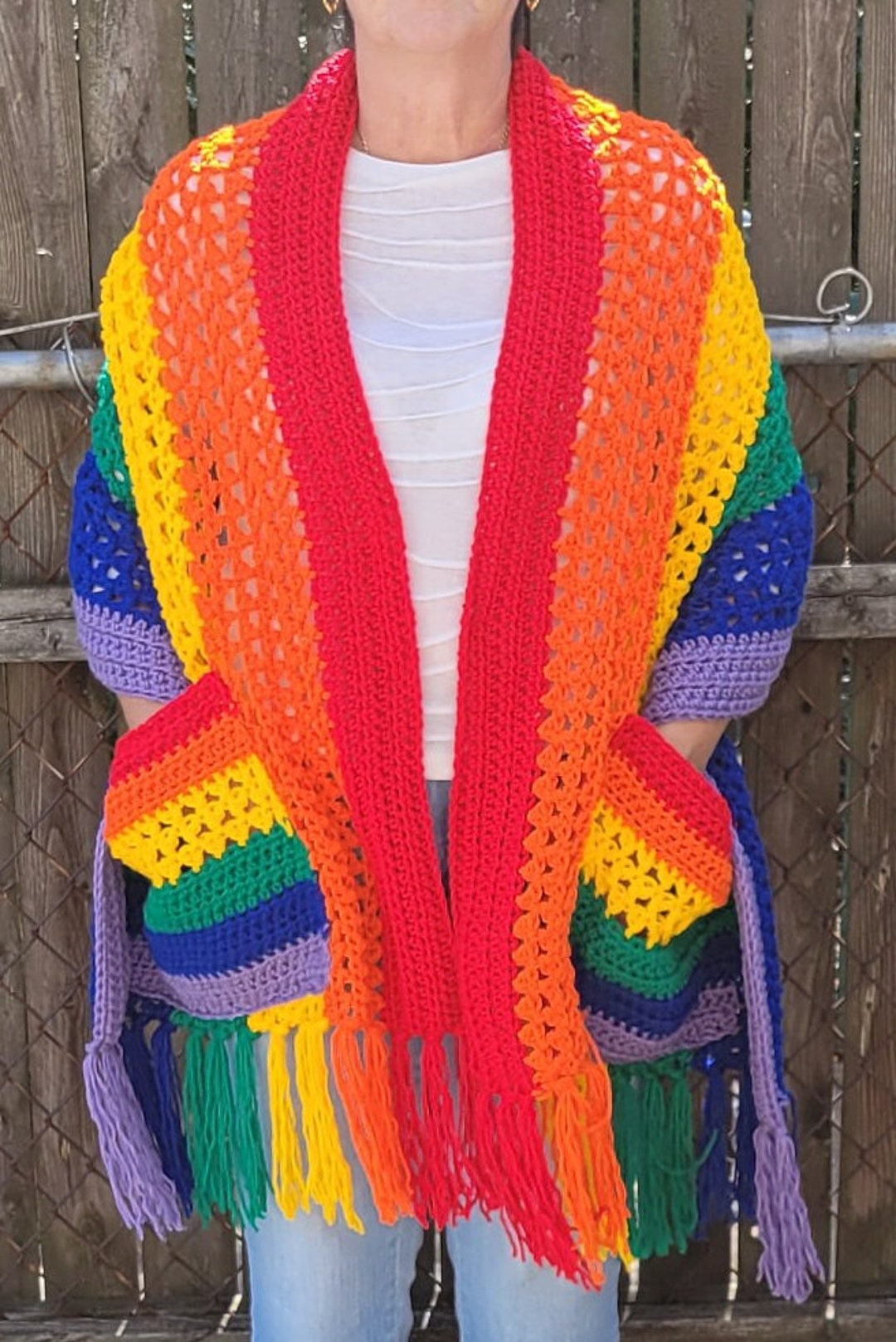 Crocheted Boho Shawls With Pockets/rainbow Crocheted Shawl/pink ...