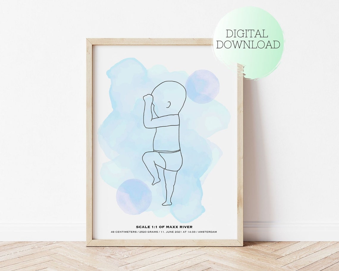 PRINTABLE CUSTOM BIRTH Poster, Newborn Illustration in Scale 1:1, Birth ...