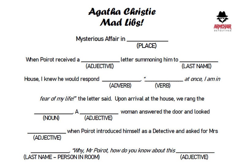 Agatha Christie Mad Libs - 4 X Downloadable Files - Game to Print at ...