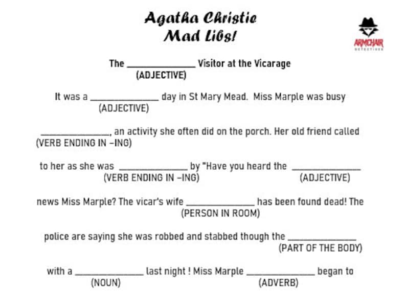 Agatha Christie Mad Libs - 4 X Downloadable Files - Game to Print at ...