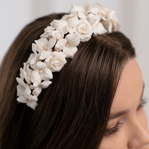 Bridal Headband Ceramic Roses Flowers. Clay White Roses and Flower Gold ...